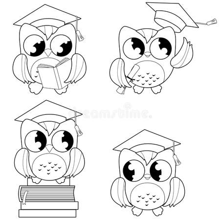 Owls with Graduation Hats. Vector Black and White Coloring Page Stock ...