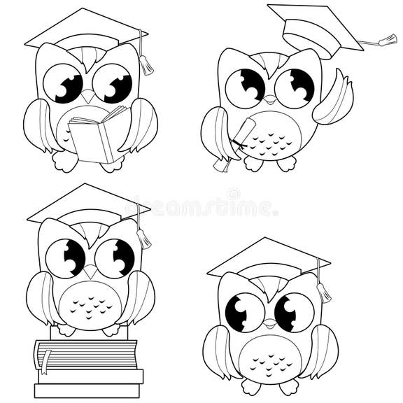Owls with Graduation Hats. Vector Black and White Coloring Page Stock ...