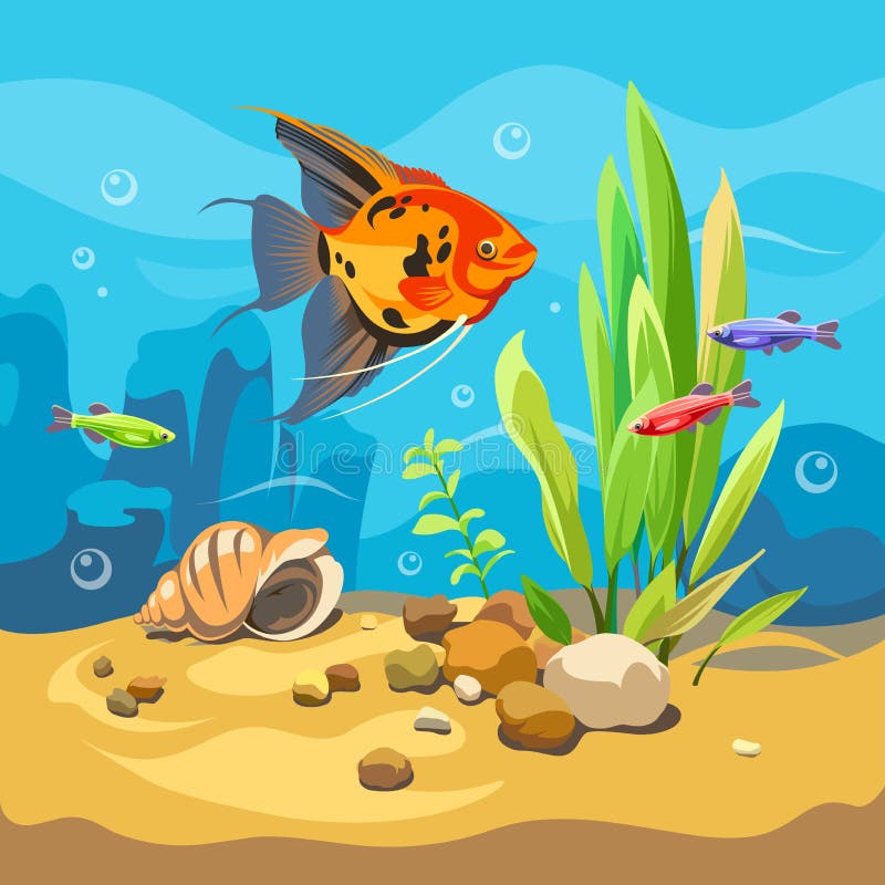 Vector Ocean World. Exotic Seascape with Fish, Seaweeds and Seashells ...
