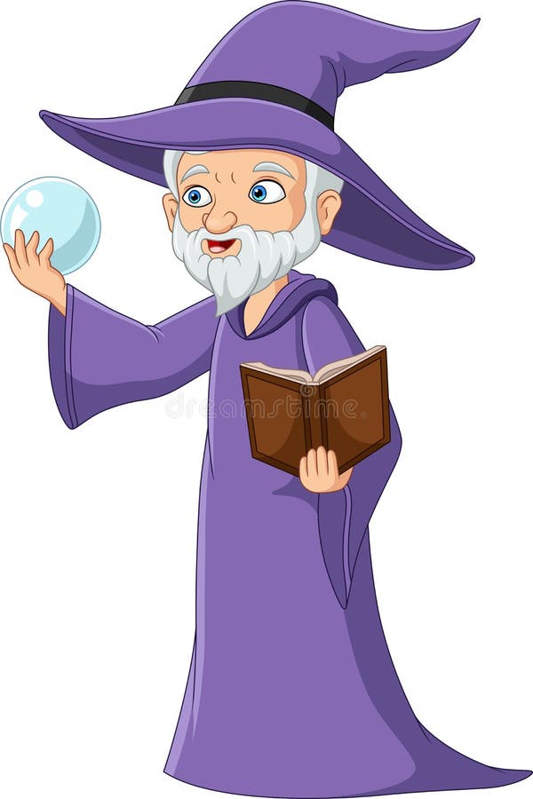 Cartoon Old Wizard Holding Crystal Stone and Magic Book Stock Vector ...