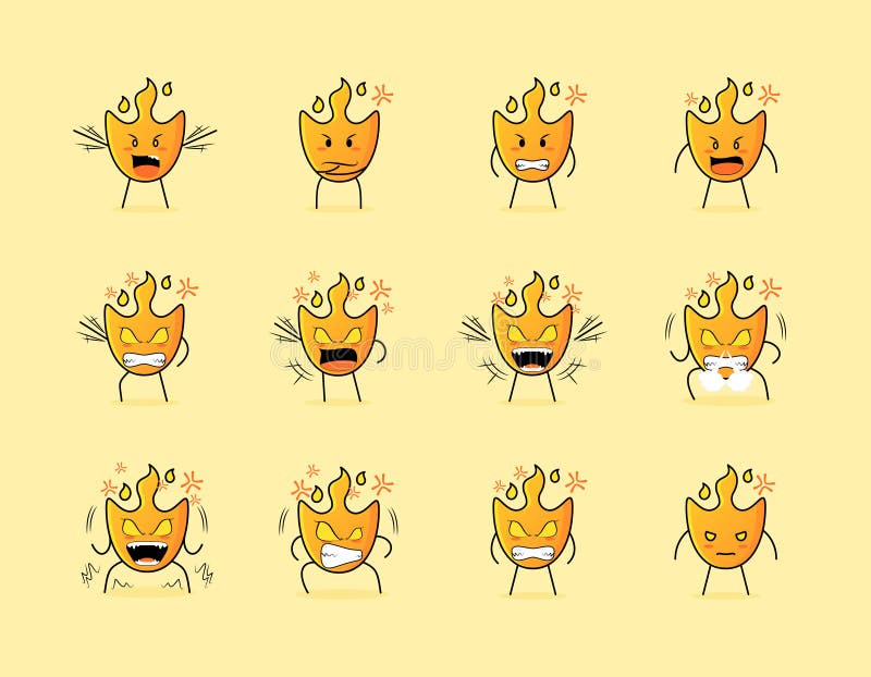 Collection of Cute Fire Cartoon Character with Angry Expression Stock ...