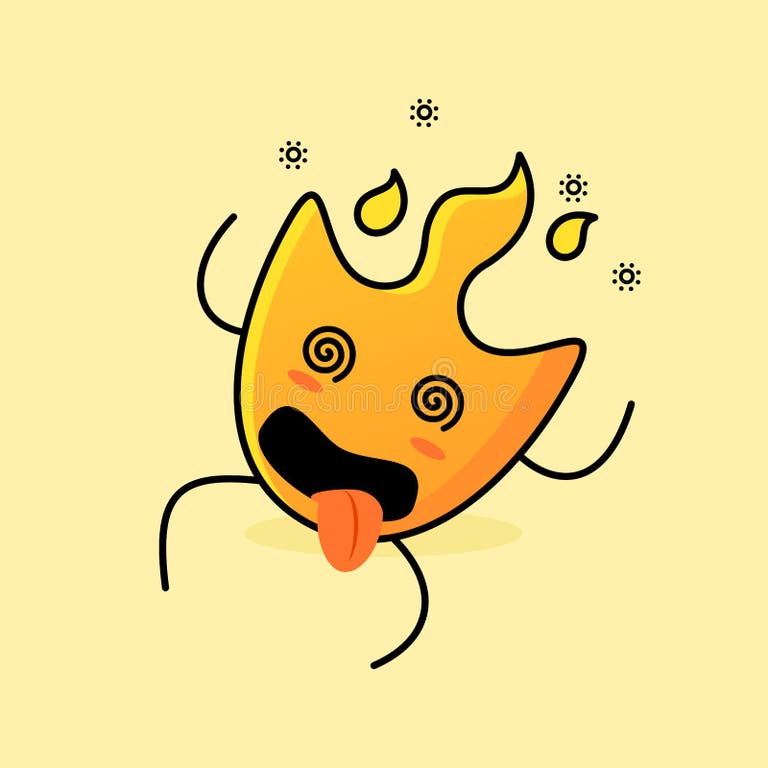 Cute Fire Cartoon with Dizzy Expression. Mouth Open, Eyes Roll and Lie ...