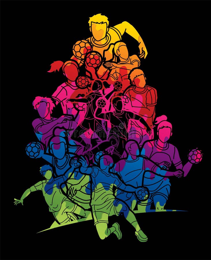 Group of Handball Players Team Male and Female Action Together Cartoon ...