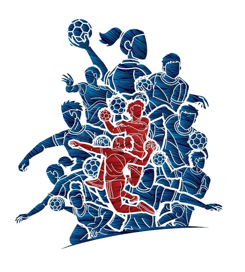 Group of Handball Players Team Male and Female Action Together Cartoon ...