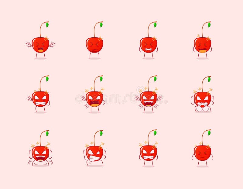Collection of Cute Cherry Cartoon Character with Angry Expression Stock ...