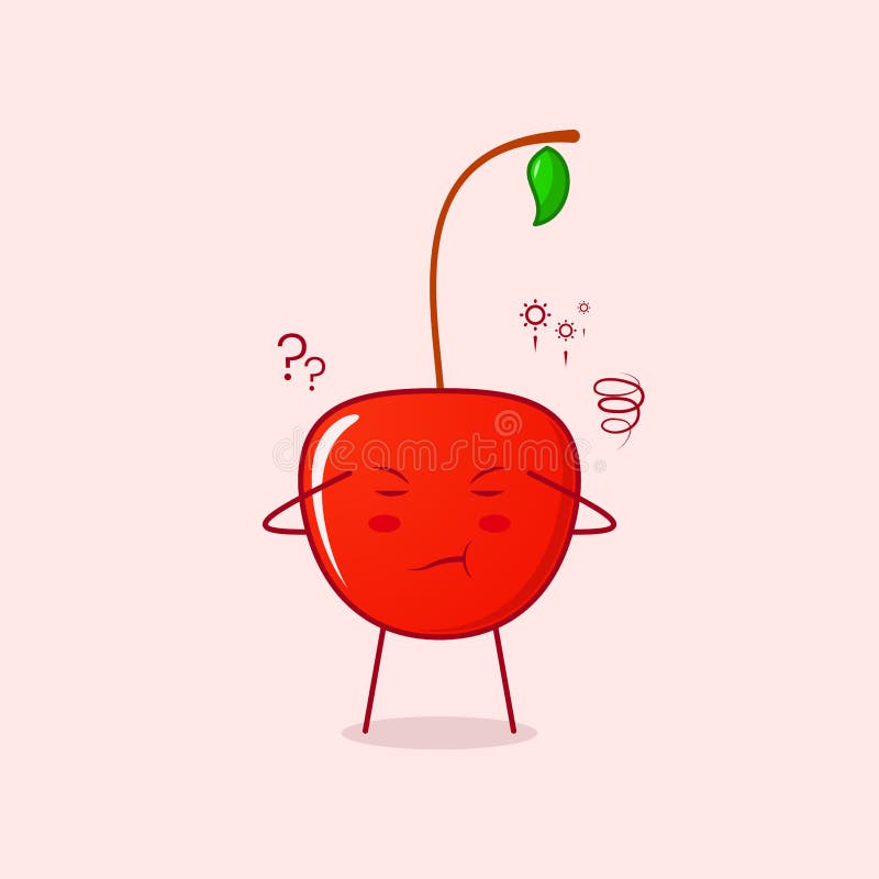 Cute Cherry Cartoon Character with Thinking Expression, Close Eyes and ...
