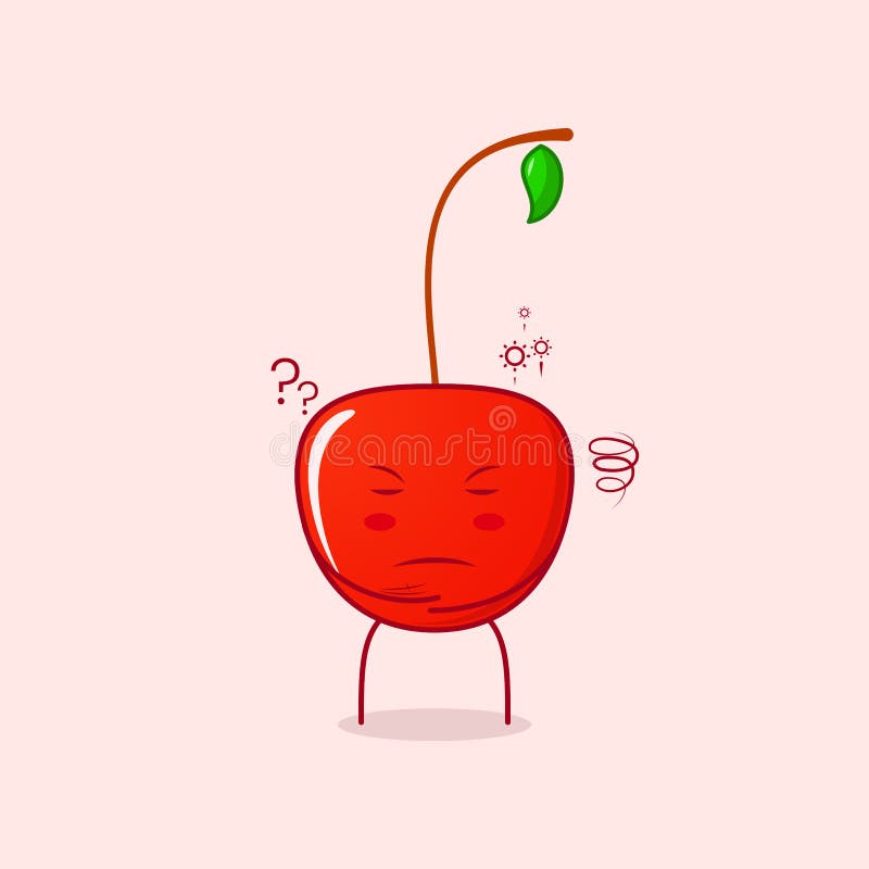 Cute Cherry Cartoon Character with Thinking Expression and Close Eyes ...