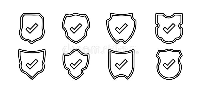 Shield with Check Mark in Line Style Isolated on White Background Stock ...