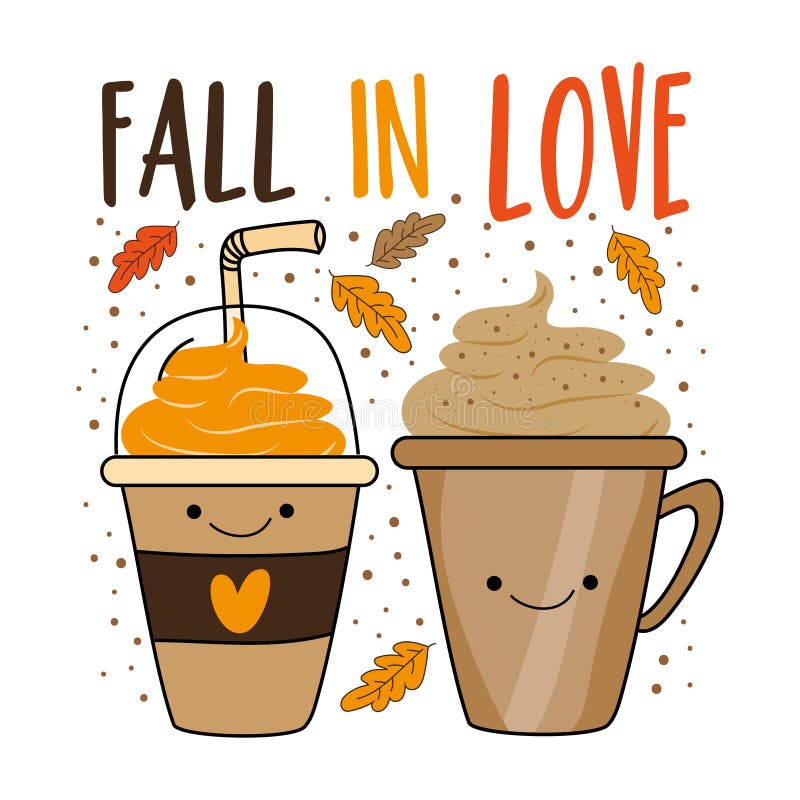 Fall in Love - Cute Hand Drawn Pumpkin Spice Latte Mugs and Autumnal ...