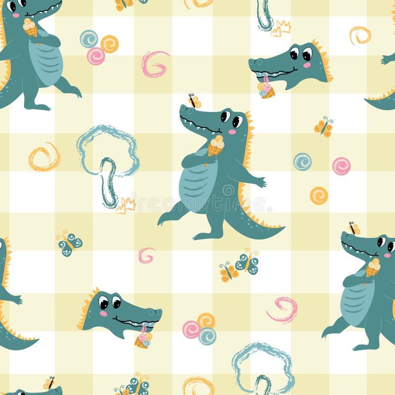 Vector Seamless Pattern with Cute Crocodile and Doodle Elements. Stock ...