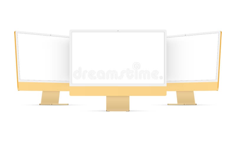 Modern Yellow Computer Monitors with Blank Screens, Front and Side View ...