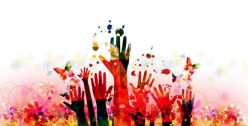 Hands Raised on Floral Background in Pink Colors. Poster with Arms Up ...