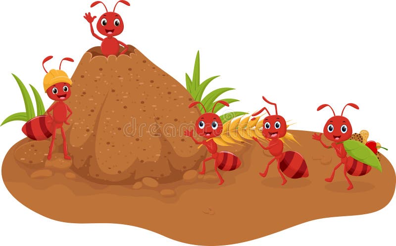 Cartoon Ants Colony Working Together Bringing Food To Ant Hill Stock ...