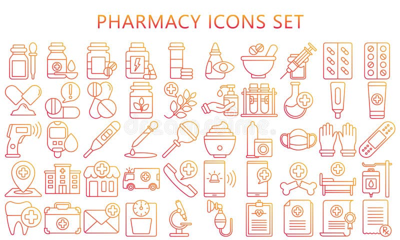 Pharmacy and Medicine Gradient Outline Icons Set Stock Vector ...