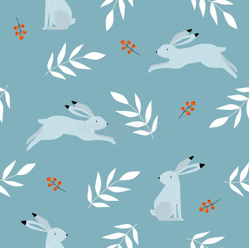 Print. Seamless Vector Christmas Background with Rabbits. Rabbits Jump ...