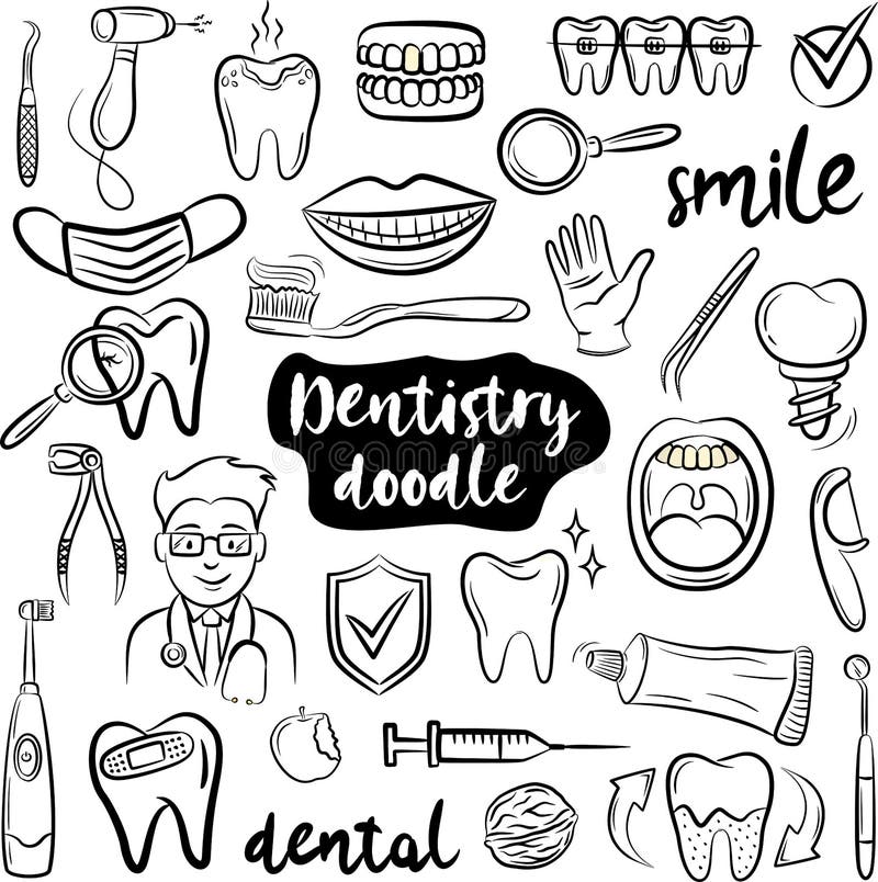 Dentistry Doodles Icon Set. Stock Vector - Illustration of lines, clean ...