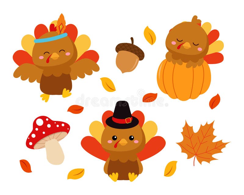 Cute Turkey Character for Thanksgiving Day Set Stock Vector ...