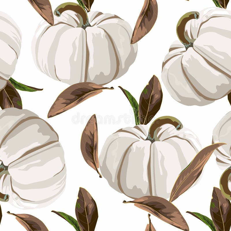 Autumn White Pumpkin and Eucalyptus Seamless Pattern. White Background ...