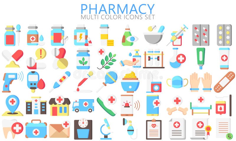 Medicine and Pharmacy Multi Color Icons Set Stock Illustration ...