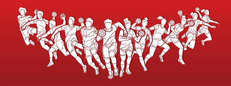 Group of Handball Players Male and Female Action Together Cartoon Sport ...