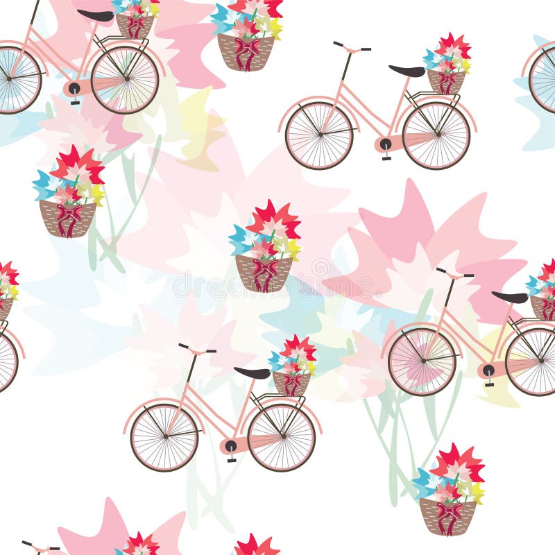 Seamless Pattern with Bicycles and Flowers - Spring Theme Vector Stock ...
