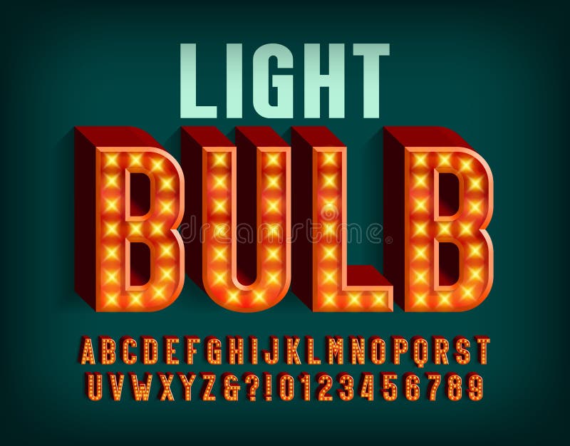 Light Bulb Alphabet Font. 3D Retro Letters and Numbers with Light Bulbs ...