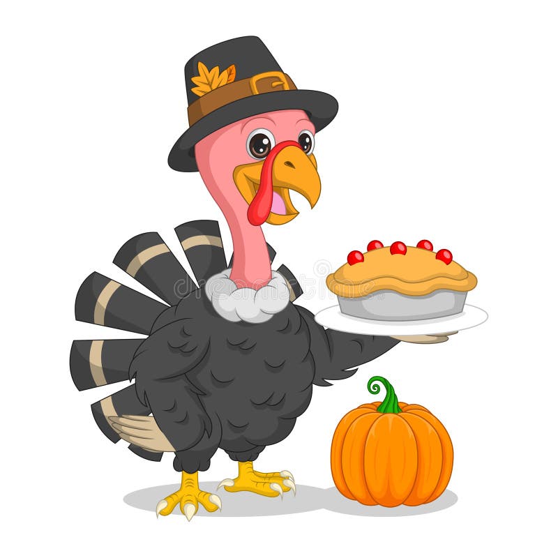Cartoon Turkey in Pilgrim Hat Holding Pumpkin Pie Stock Vector ...