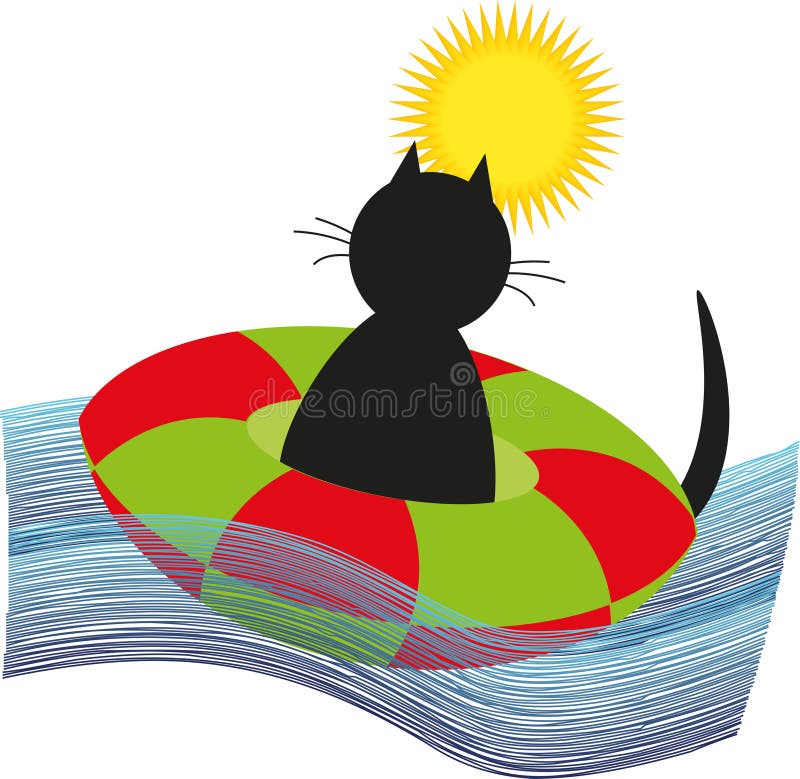 Black Cat Vector Silhouette Floating in a Life Ring. Stock Vector ...