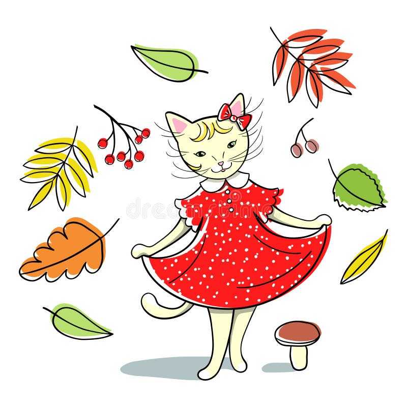 Cute Smiling she Kitten with Autumn Falling Leaves. Stock Illustration ...
