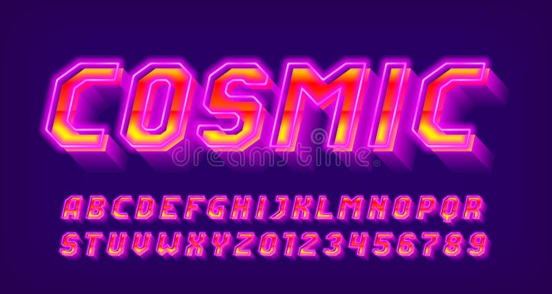 Cosmic Alphabet Font. Neon Shine 3d Letters and Numbers Stock Vector ...