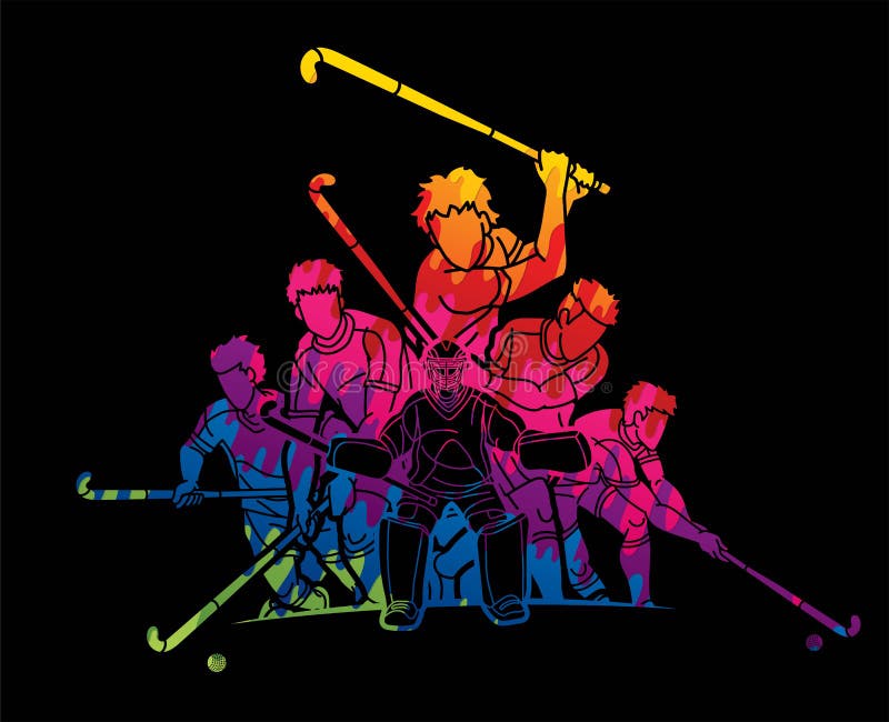 Field Hockey Sport Team Male Players Action Together Cartoon Graphic ...