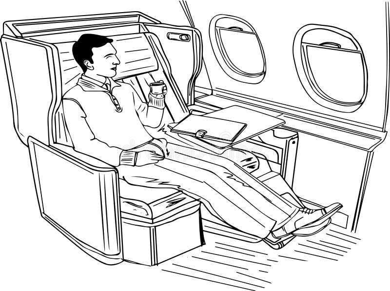 Professional Man Sitting in Business Class Flight Outline Vector ...