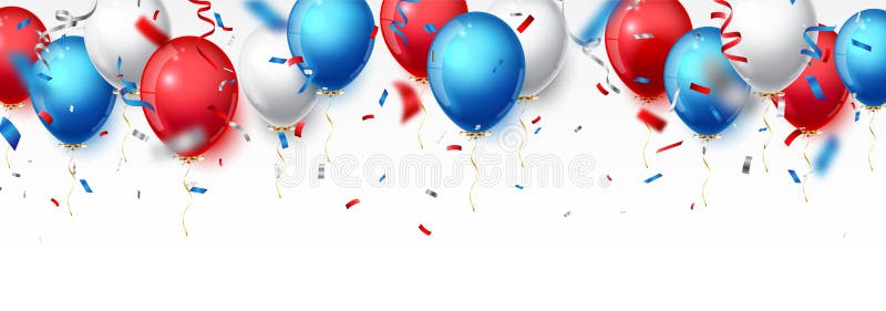 Red, Blue and Silver Balloons with Colorful Confetti Banner Background ...