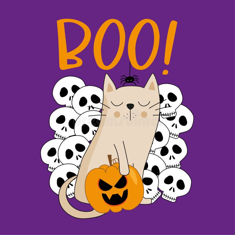 Boo - Funny Cat with Skulls, Spider and Pumpkin. Isolated on Purple ...
