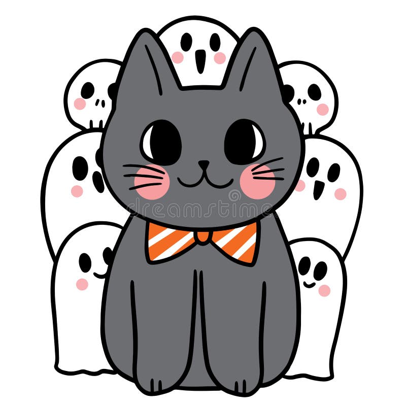 Cute Cartoon Character Black Cat and Ghost Halloween Vector. Stock ...