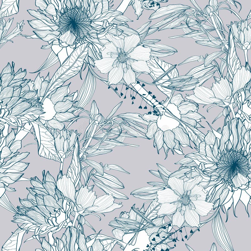 Exotic Blue Line Garden Flowers on Grey Background. Floral Seamless ...