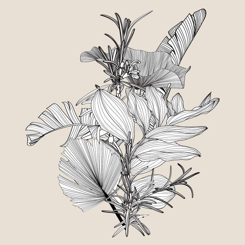 Vintage Floral Composition with Line Exotic Plant and Leaves on Beige ...