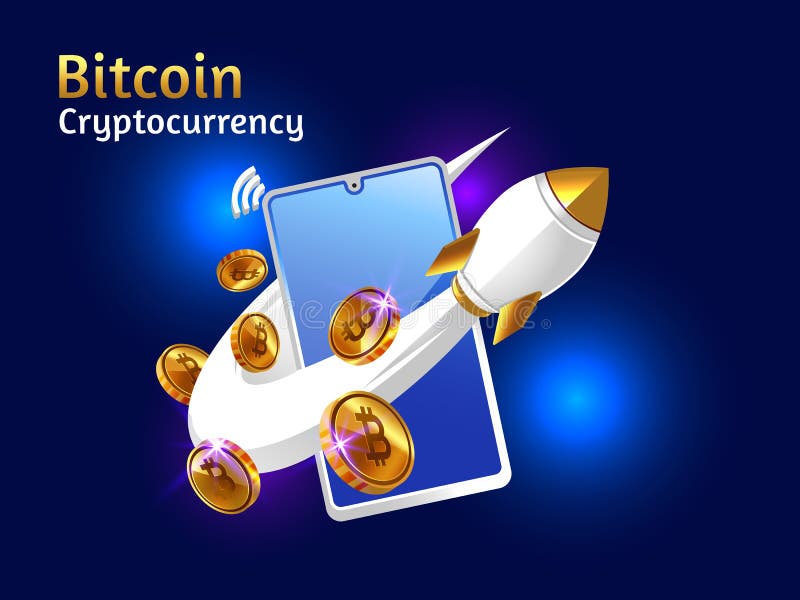 Bitcoin Cryptocurrency with Rocket Booster and Smartphone Stock Vector ...