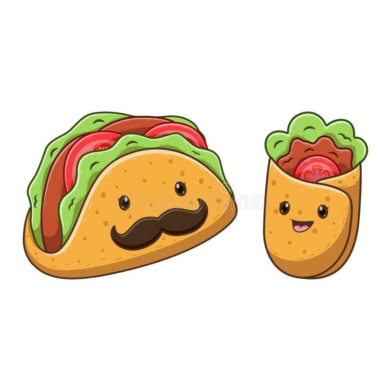 Cute Taco and Burrito Food Cartoon. Food Icon Concept. Flat Cartoon ...