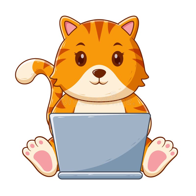 Cute Cat Working on Laptop Cartoon. Animal Icon Concept. Flat Cartoon ...