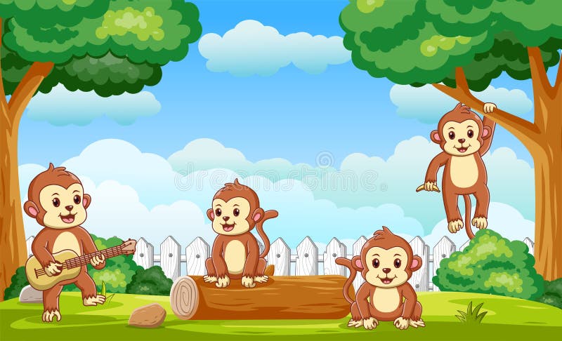 The Little Monkeys Happy in Yard. Vector Cartoon Illustration Stock ...