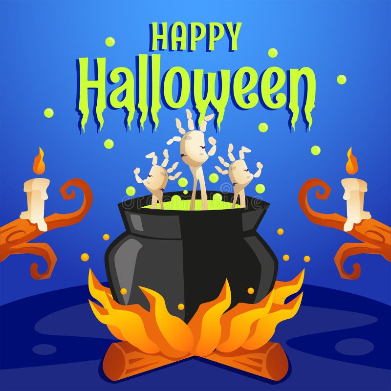 Happy Halloween with Skeleton and Boiling Pot Stock Vector ...