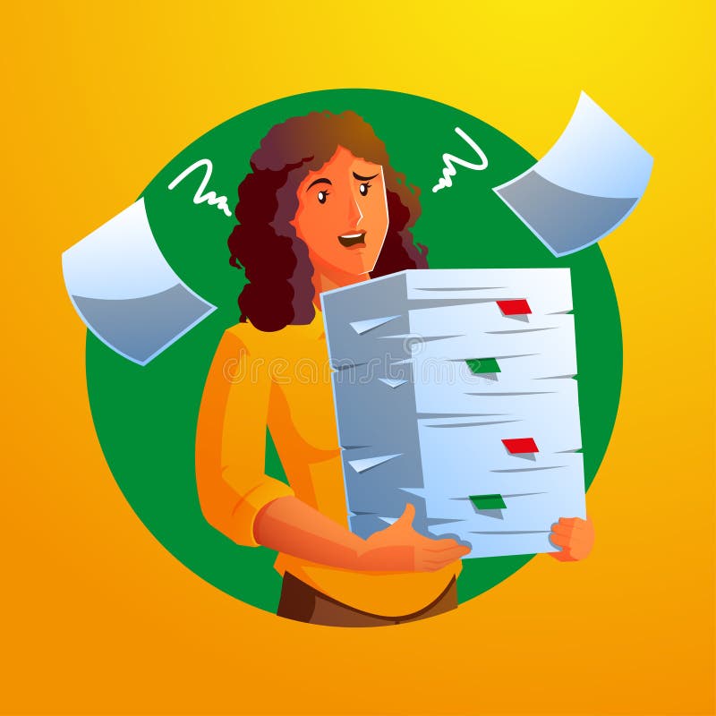 Stressed Woman Carrying Piles of Paperwork Piled Up Stock Vector ...