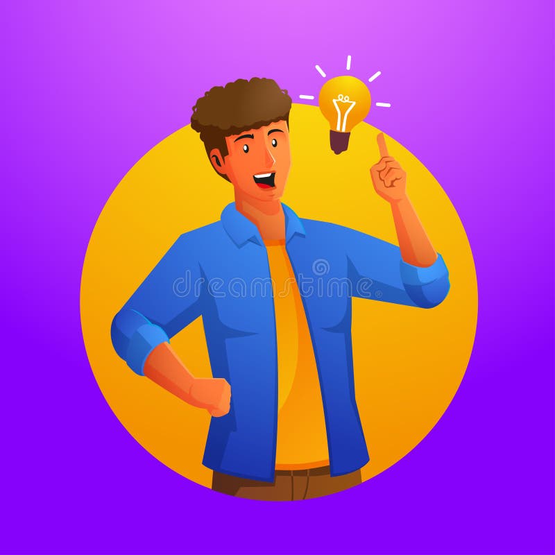 A Man Thinks and Finds Ideas with Light Bulb Symbol Stock Vector ...