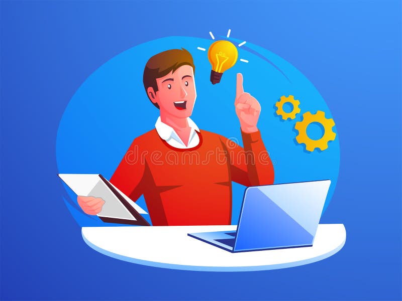 A Man Works with a Laptop and Gets an Idea Stock Vector - Illustration ...