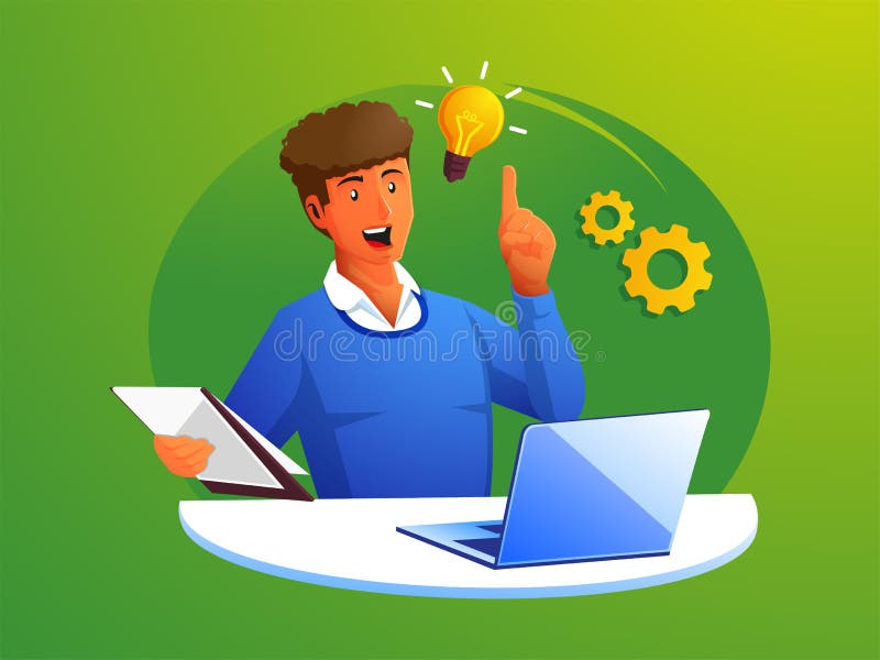 A Man Works with a Laptop and Gets an Idea Stock Vector - Illustration ...
