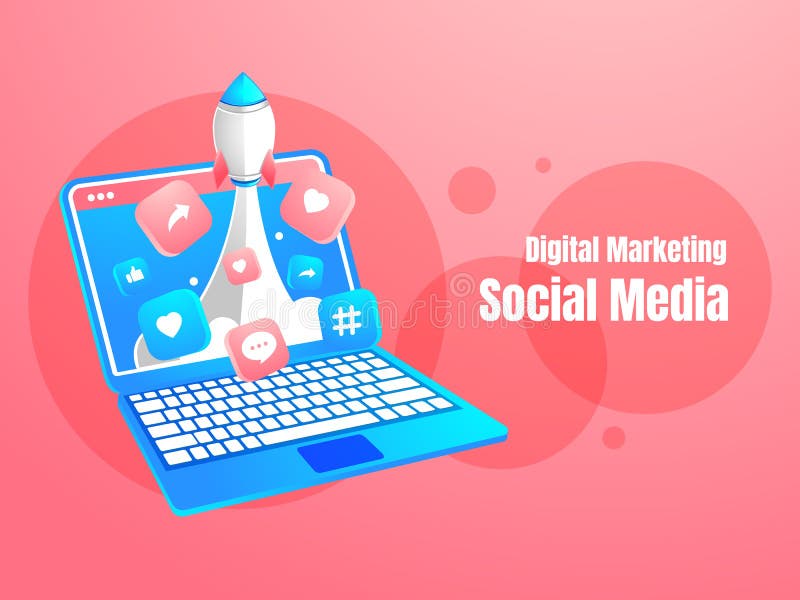 Social Media Marketing with Laptop and Rocket Social Media Stock Vector ...