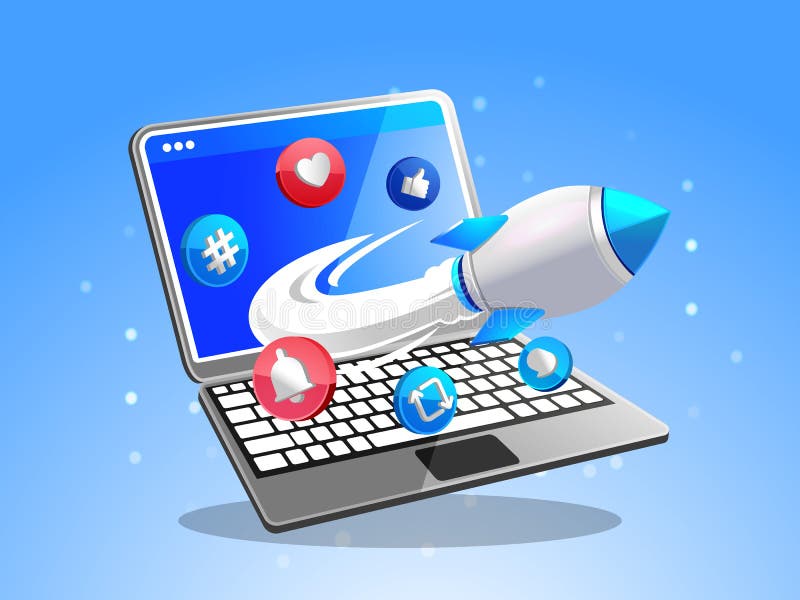 Boost Posts Social Media with Rocket and Laptop Stock Vector ...