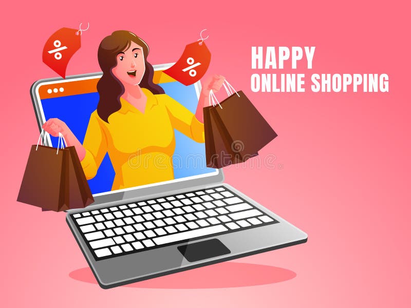 A Happy Online Shopping Woman with a Laptop Stock Vector - Illustration ...