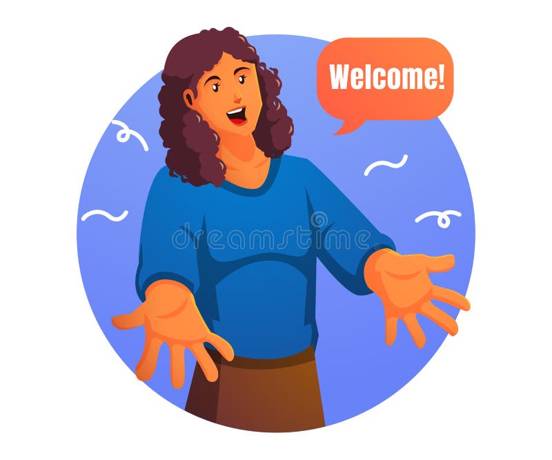 Cheerful Woman Gesturing Welcome Sign and Smiling Stock Vector ...